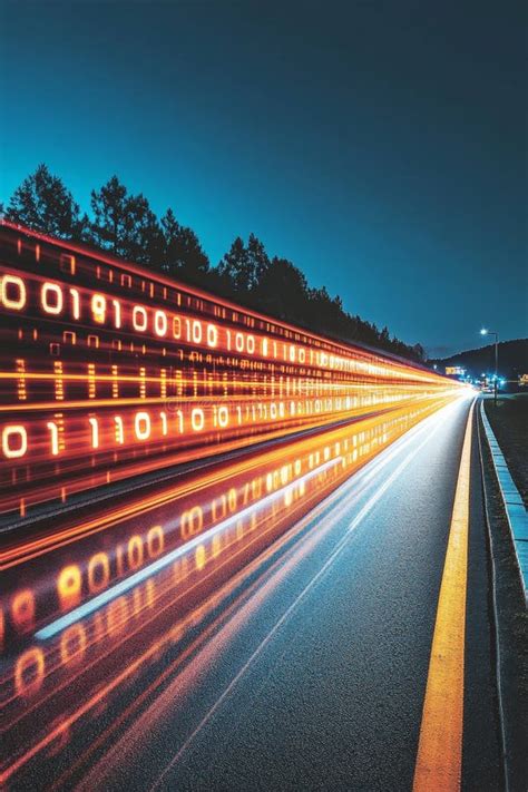 Binary Code Streaming Down Highway Representing High Speed Data Transfer And Technology Stock