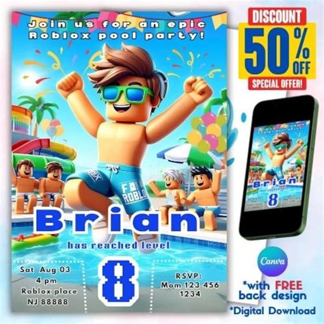 Roblox Pool Party Birthday Invitation Gamer Theme Digital Download