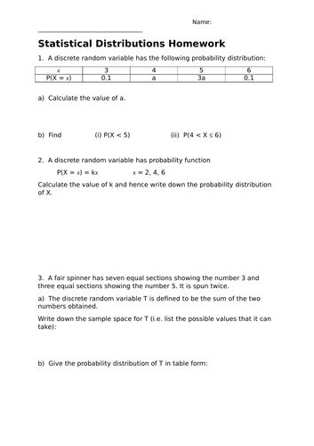 Edexcel New A Level Statistical Distributions Homework Teaching Resources