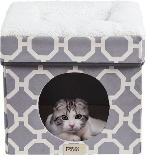 Friends Forever Taylor Collapsible Cube Cat House And Ottoman Grey