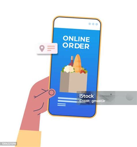 식료품 빠른 배달 온라인 쇼핑 전자 상거래 식품 주문 개념을 주문하기 위해 모바일 앱을 사용하는 인간의 손 슈퍼마켓에 대한 스톡