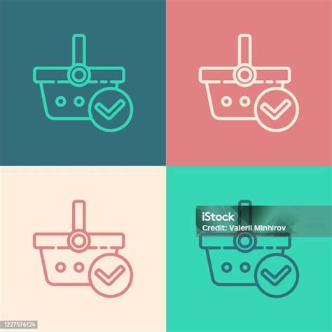 팝 아트 라인 쇼핑 바구니 체크 마크 아이콘 색상 배경에 격리 승인 된 슈퍼마켓 바구니 확인 진드기 완료 벡터 일러스트레이션 고풍스런에 대한 스톡 벡터 아트 및 기타 이미지