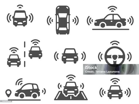 무인 자동차 아이콘 자율 주행 로봇 자동차 스마트 드라이빙 카 네비게이션 모바일 라인 로드 에코 테크놀로지 전기 자동차 벡터 세트 오토파일럿에 대한 스톡 벡터 아트 및 기타