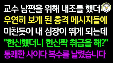 실화사연 교수 남편을 위해 내조를 했더니 우연히 보게 된 충격 메시지들에 미친듯이 내 심장이 뛰게 되는데 통쾌한 사이다 복수를 날렸습니다 ㅣ라디오드라마ㅣ사이다사연ㅣ