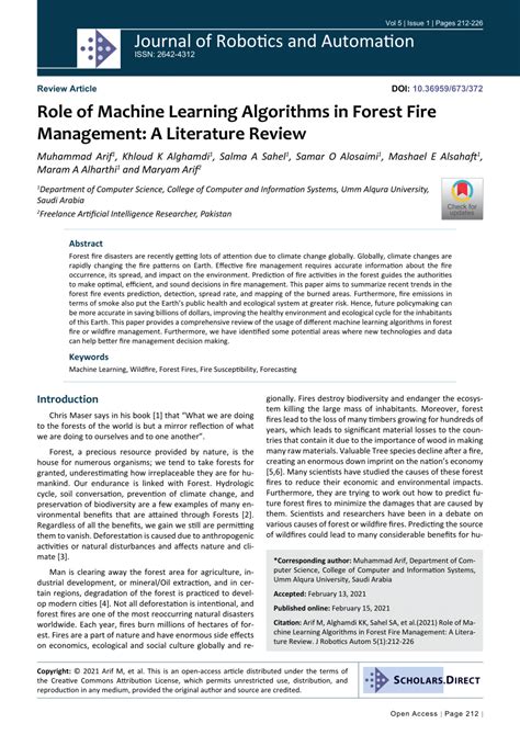 Pdf Role Of Machine Learning Algorithms In Forest Fire Management A Literature Review