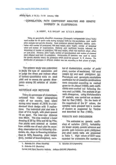 Pdf Correlation Path Coefficient Analysis And Genetic Diversity In Clusterbean