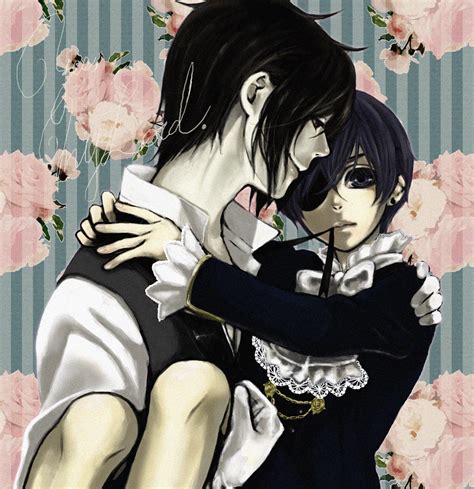 Safebooru Black Hair Blue Eyes Ciel Phantomhive Couple Flower Gloves