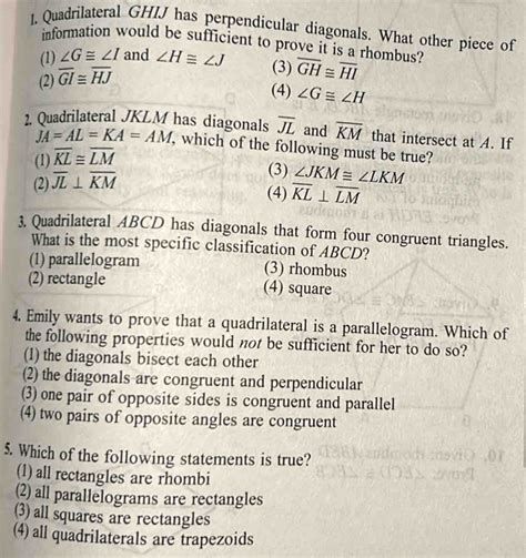 Solved Quadrilateral Ghij Has Perpendicular Diagonals What Other Piece Of Information Would Be