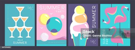 여름 속성을 가진 복고풍 여름 포스터 세트입니다 칵테일 코스모폴리탄 실루엣 플라밍고 아이스크림 비눗방울 벡터 일러스트 레이 션 개체 그룹에 대한 스톡 벡터 아트 및 기타