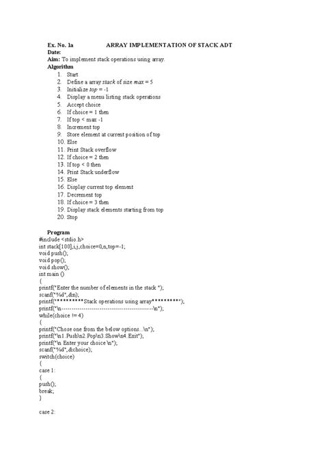 Cs3311 Ds Program 2 Ex No 1a Array Implementation Of Stack Adt Date Aim To Implement Stack