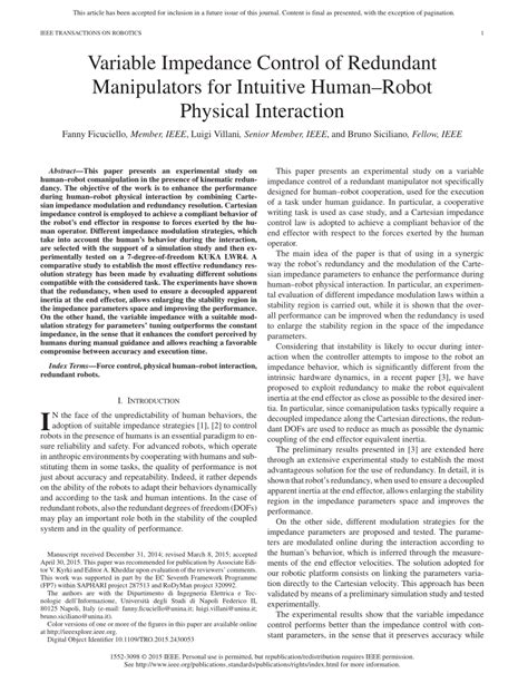 Pdf Variable Impedance Control Of Redundant Manipulators For