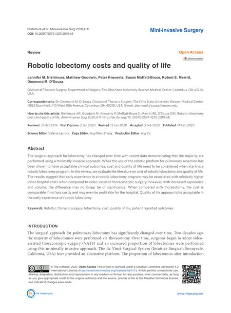 Pdf Robotic Lobectomy Costs And Quality Of Life