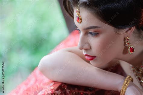 Beautiful Portrait Pretty Woman Red Dressed As An Indian Sexy Girl With