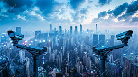 A Network Of Security Cameras Monitoring A City Skyline Ensuring Safety And Surveillance In