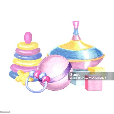 소용돌이 피라미드 및 공의 아기 장난감으로 수채화 구성 다양한 디자인 배경 어린이 생일 섬유 만들기 인쇄 포장 포장지 및 표지에 대한 손으로 그린 그림 0명에 대한 스톡