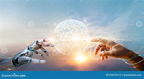 Ai Machine Learning Human And Robot Hands Interacting With Massive