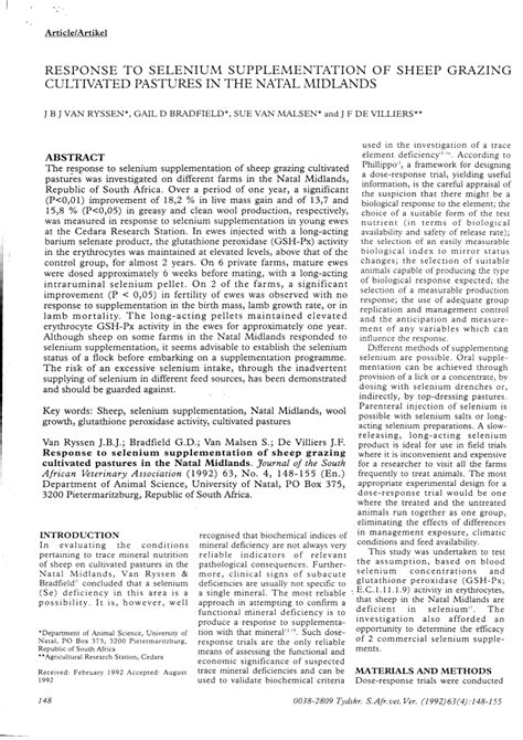 Pdf Response To Selenium Supplementation Of Sheep Grazing Cultivated Pastures In Natal Midlands