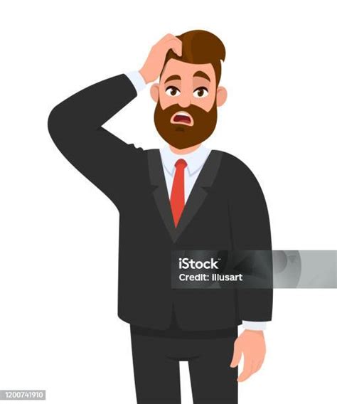 그의 머리를 긁적 공식적인 착용에 혼란 젊은 사업가 당황한 표정으로 불행한 남자 남성 캐릭터 디자인 일러스트 벡터 만화 스타일의 인간의 감정 개념입니다 긁음에 대한 스톡