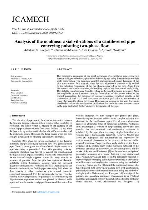 Pdf Analysis Of Nonlinear Axial Vibrations Of A Cantilevered Pipe