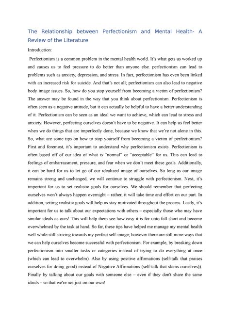 The Relationship Between Perfectionism And Mental Health A Review Of
