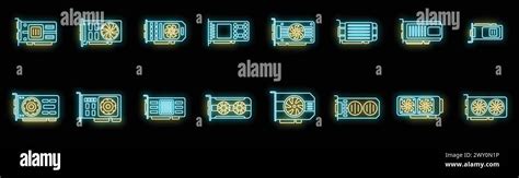 GPU Graphic Card Icons Set Outline Vector Hard Ware Board Capacitor Neon Color On Black Stock