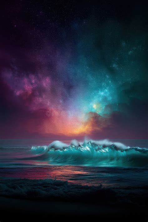 Cosmic Ocean Waves A Nighttime Seascape Of Dreams Stock Illustration Illustration Of Night