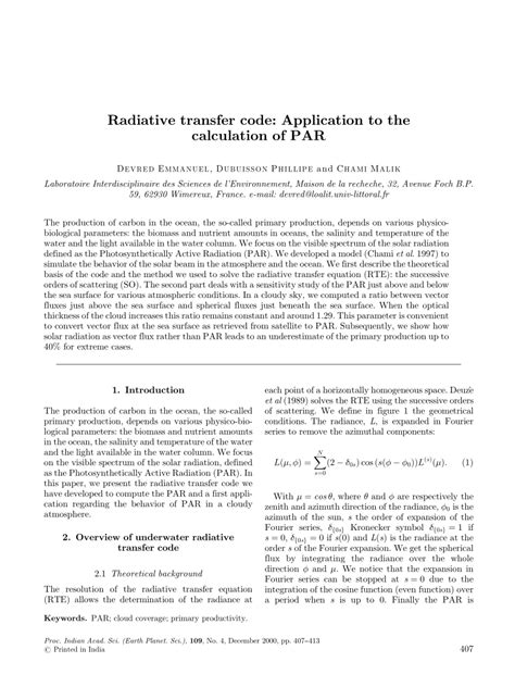Pdf Radiative Transfer Code Application To The Calculation Of Par
