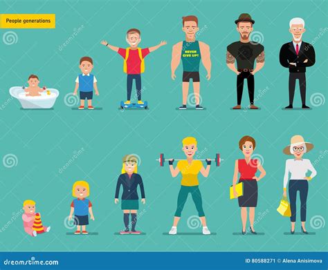People Generations At Different Ages Flat Cartoon Illustration Stock