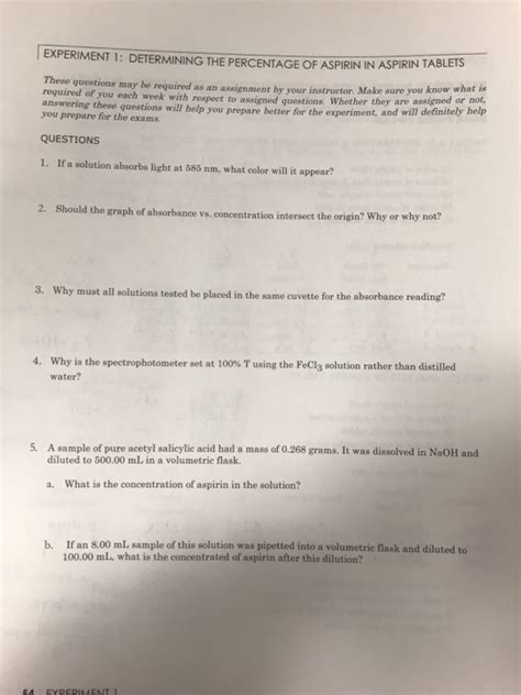 Solved EXPERIMENT 1 DETERMINING THE PERCENTAGE OF ASPIRIN Chegg Com
