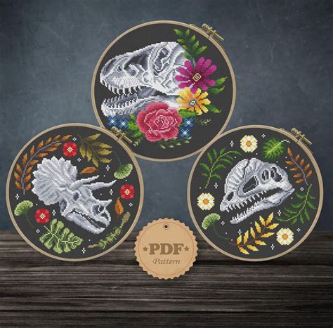 Dinosaur Skulls Set Cross Stitch Pattern Pdf Dinosaur Cross Stitch Jurassic Cross Stitch