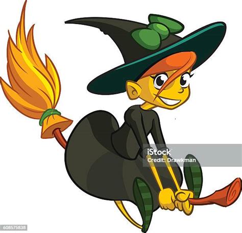 그녀의 빗자루에 비행 할로윈 귀여운 마녀 벡터 만화 스티커 10월에 대한 스톡 벡터 아트 및 기타 이미지 10월 가을 검은색 Istock