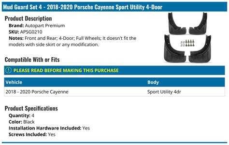 2018 2020 Porsche Cayenne Mud Flap Kit Autopart Premium Apsg0210