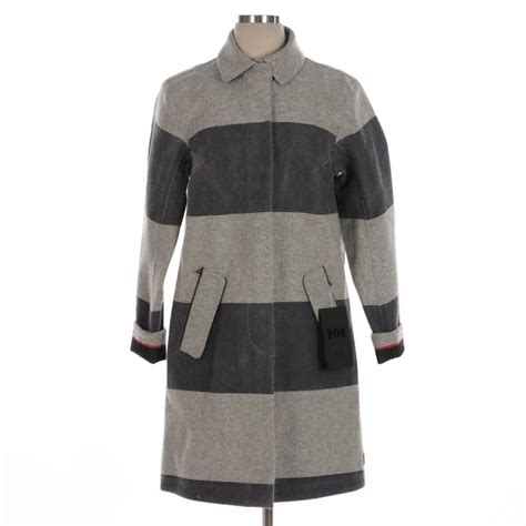 Helly Hansen Grey Stripe Embla Wool Blend Snap Front Dress Coat New With Tag Ebth