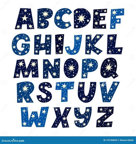 Celestial Stars Alphabet With Letters On Midnight Blue Background