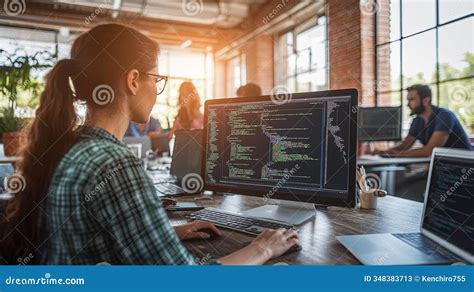 Woman Coding In Modern Workspace With Multiple Screens And Colleagues Woman Coding In Modern Workspace With Multiple Screens And Colleagues
