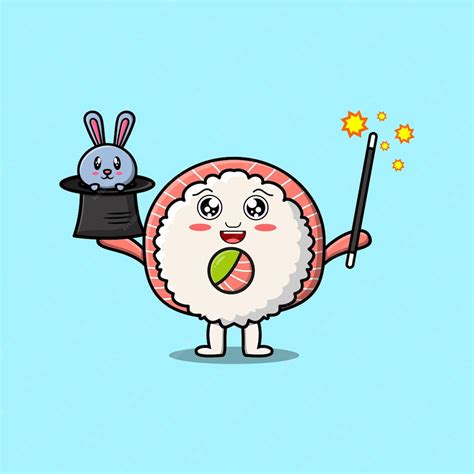 마술 모자에서 나오는 토끼 캐릭터와 함께 귀여운 만화 스시 마술사 캐릭터 프리미엄 벡터