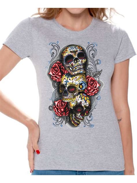 Awkward Styles Three Sugar Skull Tshirt For Women Skull Red Roses Shirt