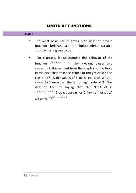 Calculus Notes LIMITS OF FUNCTIONS LIMITS The Most Basic Use Of Limits Is To Describe How A