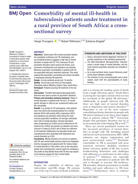 Pdf Comorbidity Of Mental Ill Health In Tuberculosis Patients Under Treatment In A Rural