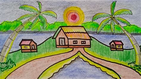 গ্রামের দৃশ্য গ্রামের সৌন্দর্য সূর্য আঁকা Village Drawing Tree Drawing Scenery Drawing