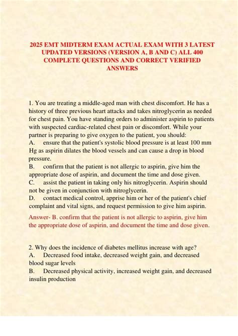 EMT MIDTERM EXAM ACTUAL EXAM WITH LATEST UPDATED VERSIONS VERSION A B AND C ALL