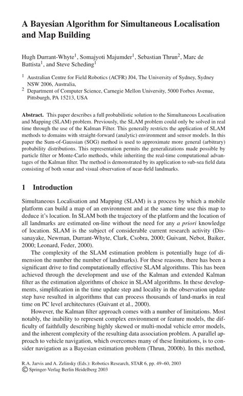 Pdf A Bayesian Algorithm For Simultaneous Localisation And Map Building