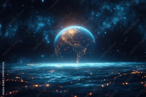 Planet Earth Enveloped In Glowing Digital Network Grid Space Backdrop With Stars And Galaxies