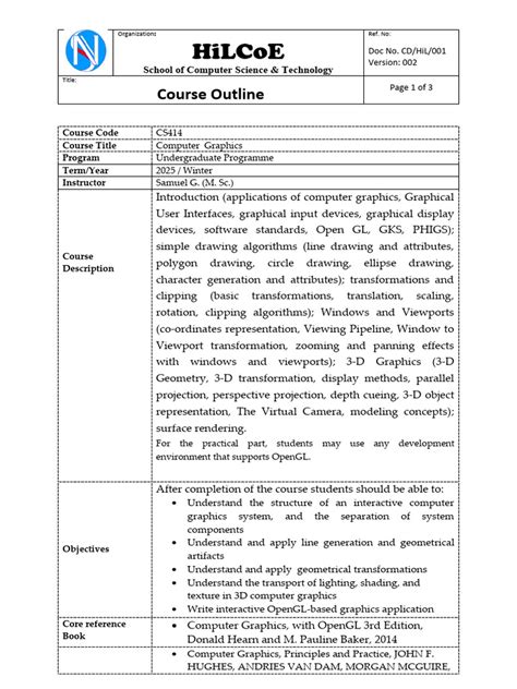 Se414 Computer Graphics Course Outline Pdf Computer Graphics Rendering Computer Graphics