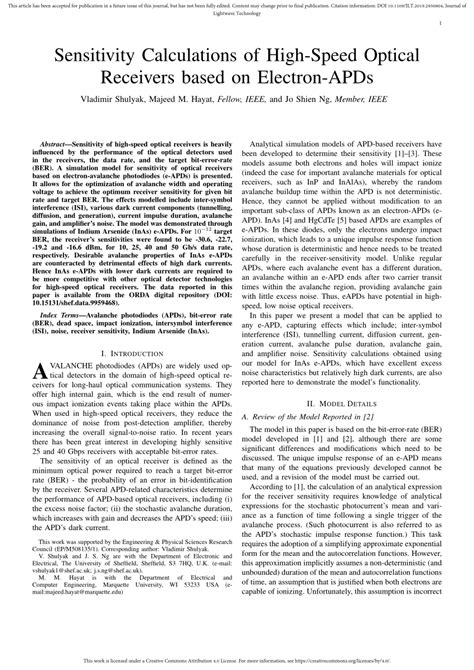 Pdf Sensitivity Calculations Of High Speed Optical Receivers Based On Electron Apds