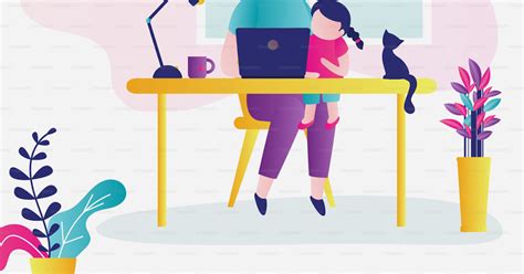 젊은 엄마는 무릎에 딸과 함께 노트북으로 일한다 멀티태스킹 사업가 격리 기간 동안 재택 근무 홈 오피스 직장 가족과의 자가 격리 플랫 벡터 그림 벡터