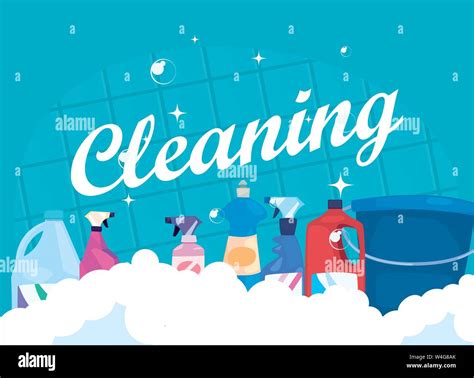 Bucket Bubbles Cleaning Products And Supplies Vector Illustration Stock