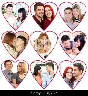 Collage Of Happy Young Couples With Heart Shaped Balloons On White