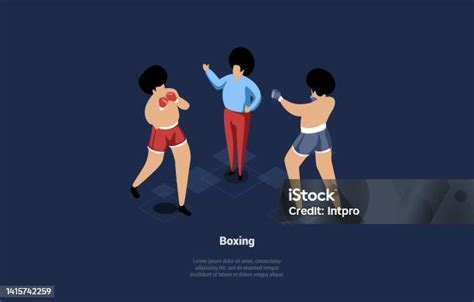 복싱과 스포츠 아카데미의 개념 전투기와 상대는 링에 복싱 장갑 복싱 심판이 게임을 지켜보고 있습니다 전문 교육 및 챔피언십 아이소메트릭 카툰 3d 벡터 일러스트 레이 션