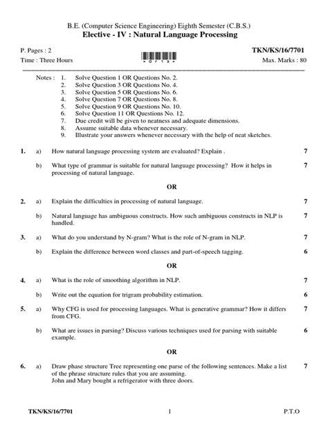 Rtmnu Bt Cse Natural Language Processing 2016 Pdf Parsing